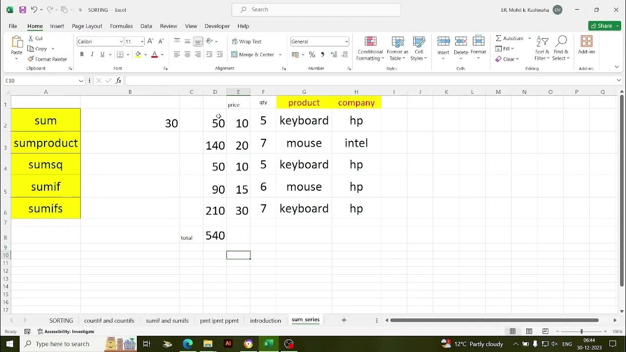 sum series all formulas (sum, sumproduct, sumsq, sumif and sumifs) - YouTube