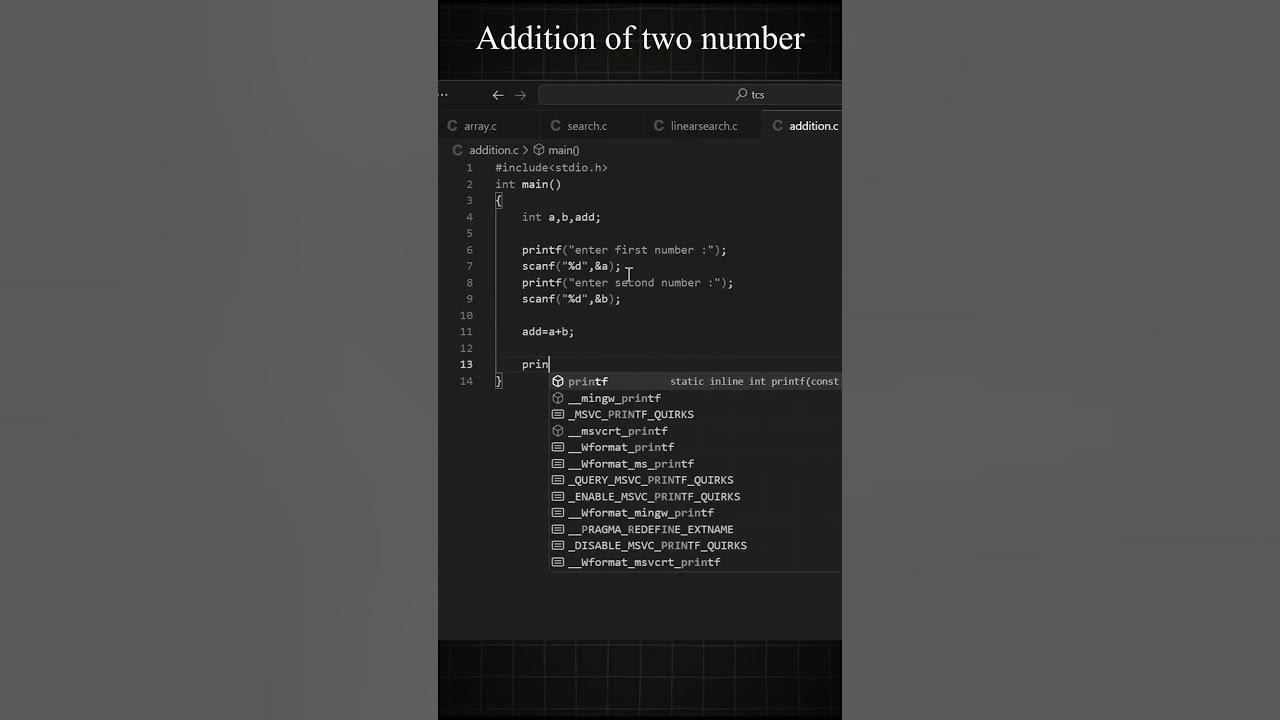 Addition of two numbers in C programming #short #shorts #coding - YouTube