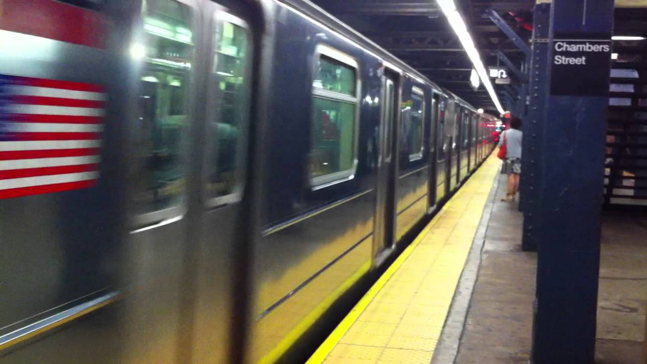 New York, New York - 1 Trains pulls into the Chambers Street Subway ...