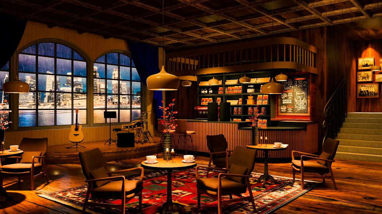 Warm Cafe space on Rainy day on Autumn Night With Relaxing Jazz Music ...