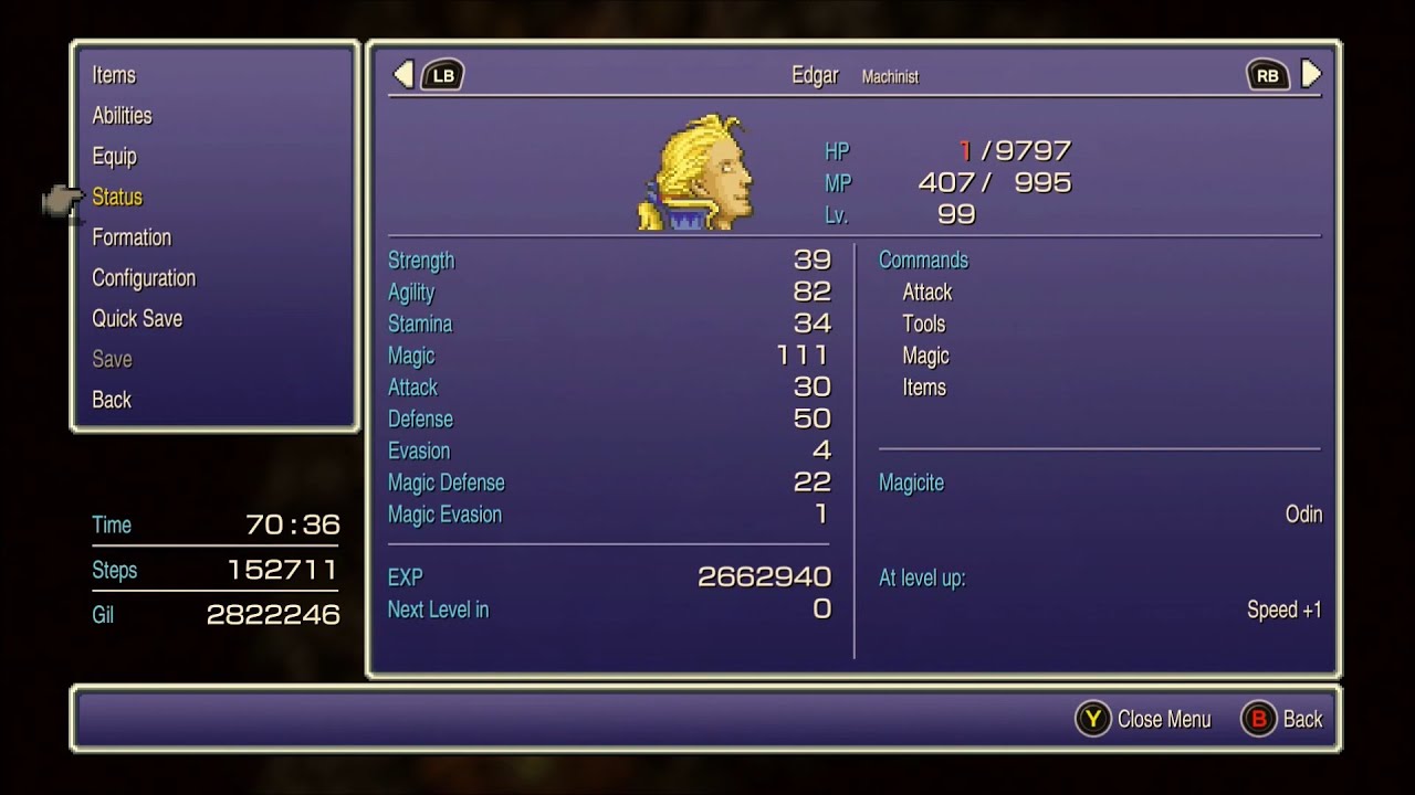 Final fantasy 6 Pixel Remaster Perfect Stats Leveling Edgar - YouTube