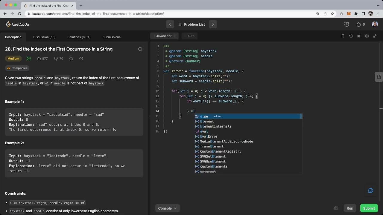 lc-js #5 find the index of the first occurence in a string - YouTube