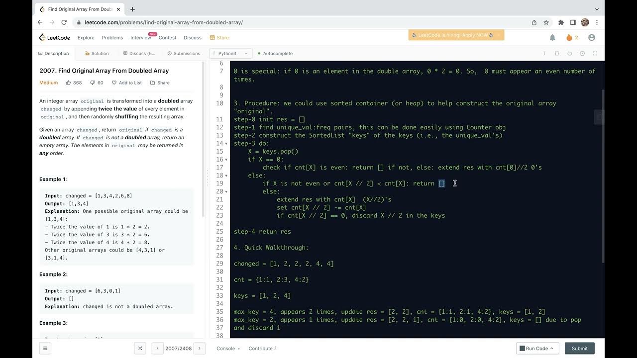 Leetcode 2007. Find Original Array From Doubled Array - build with sorted container(s) - YouTube