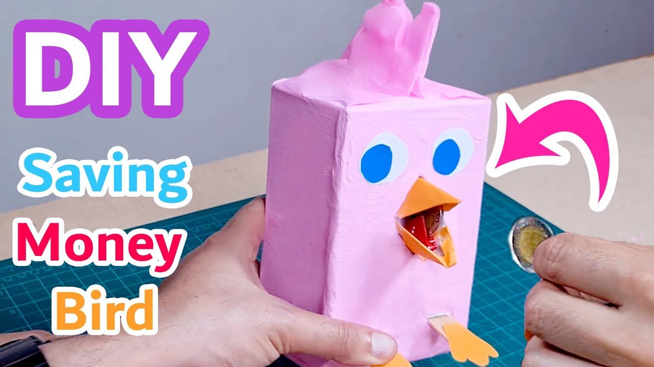 DIY Bird Money Bank with eating coins mechanism .. saving money pink ...