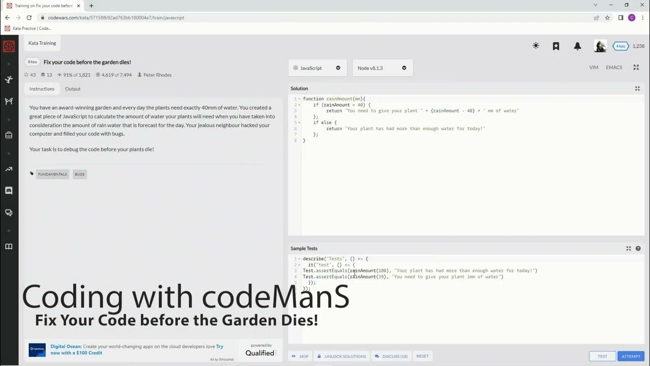 Codewars 8 Kyu Fix Your Code Before The Garden Dies Javascript Youtube