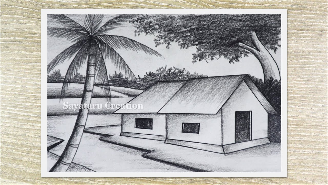 Village House Scenery Drawing with Pencil Sketch, Pencil Drawing for ...