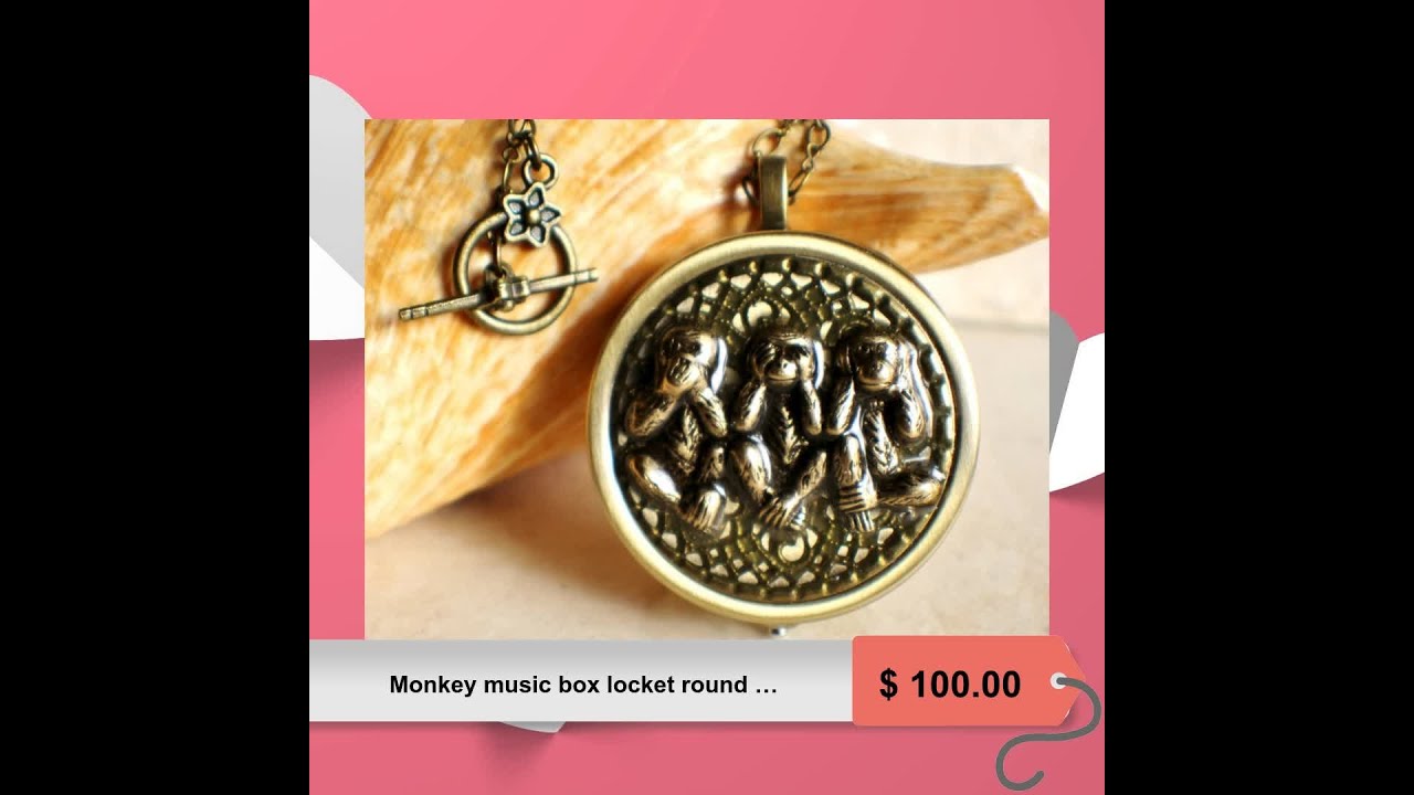 Monkey music box locket round bronze - YouTube