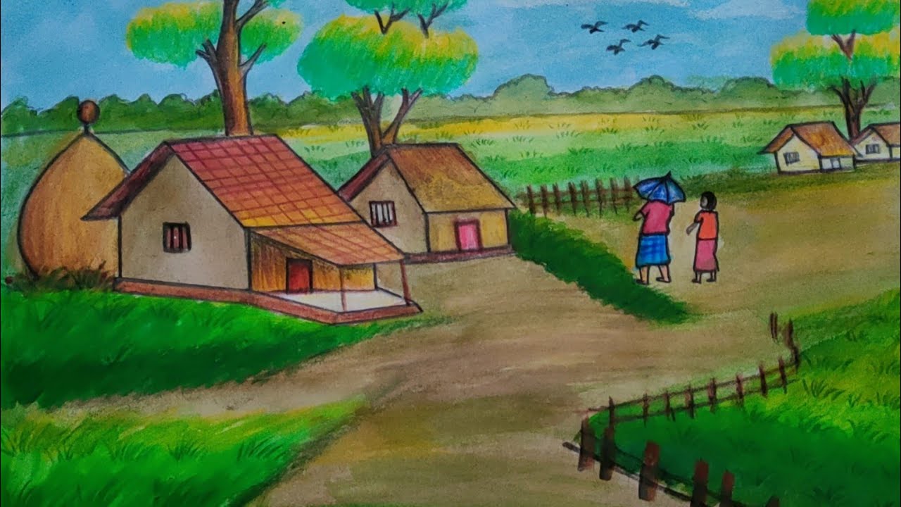 How to draw easy scenery drawing with beautiful landscape village ...