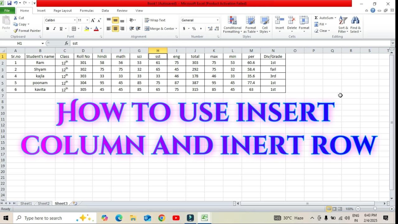 HOW TO USE INSERT COLUMN AND INSERT ROW l MS EXCEL में ROW और COLUMN ...