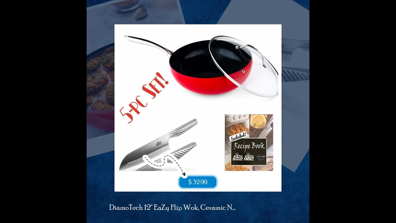 DiamoTech 12" EaZy Flip Wok, Ceramic Nonstick, Toxin-Free, Stainless Steel Knives and Recipe ...