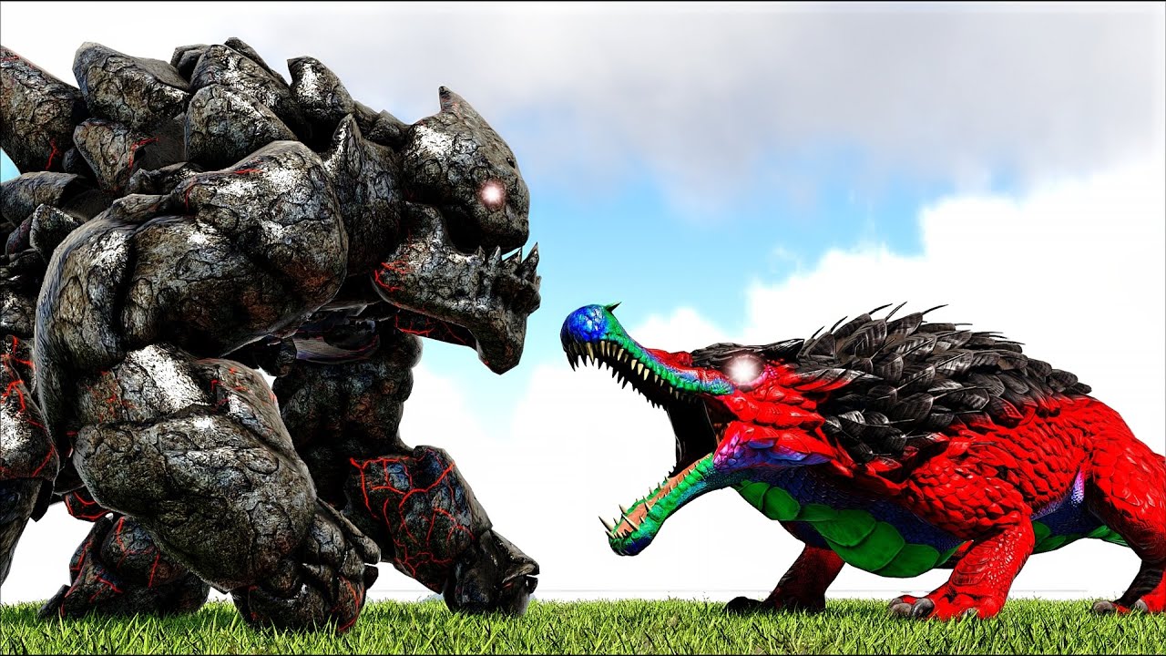 ARCH-TEMPERED COLOSSUS GOLEM VS ACRO THORNWEAVER SPIKEDRAGON (ARK ...