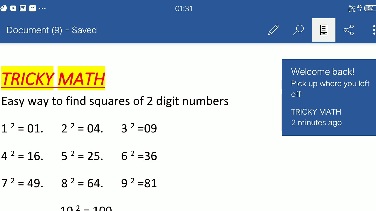 Easy way to find squares of 2 digit numbers (with in seconds) - YouTube