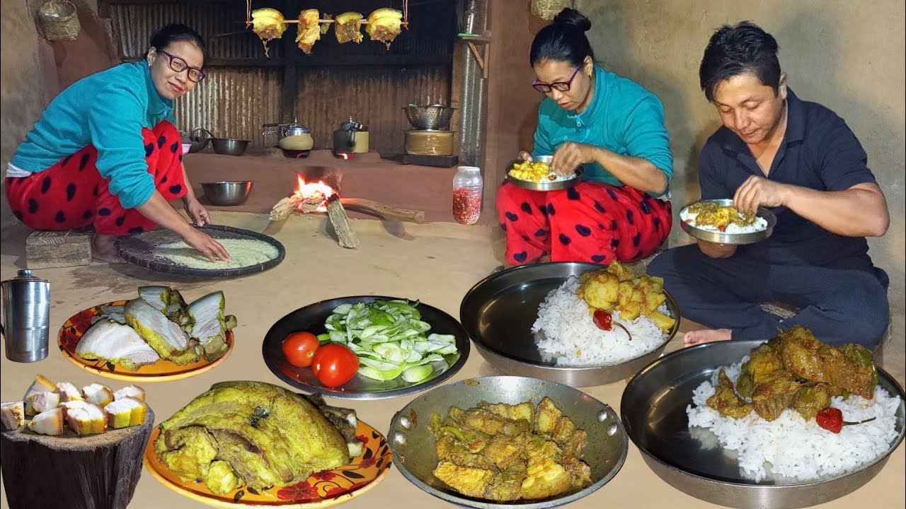 Cooking Pork Curry Recipe Village Style Eating with Rice in Nepali ...