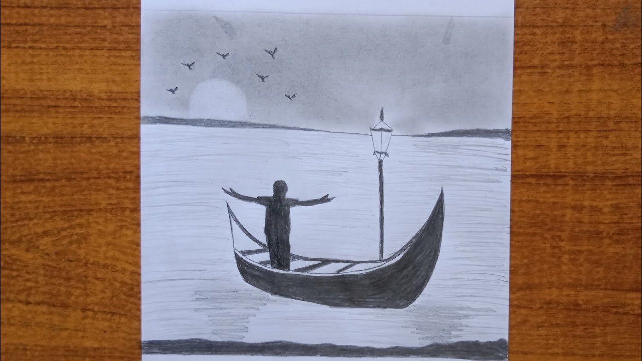Boat sailing on water - pencil drawing -how to draw a sunrise scenery ...