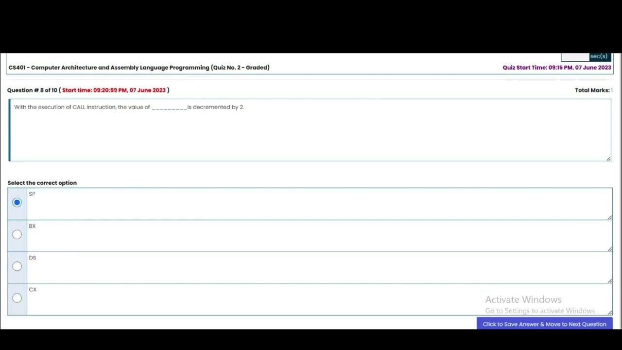 Cs401 Quiz No 2 Graded 2023 Computer Architecture And Assembly