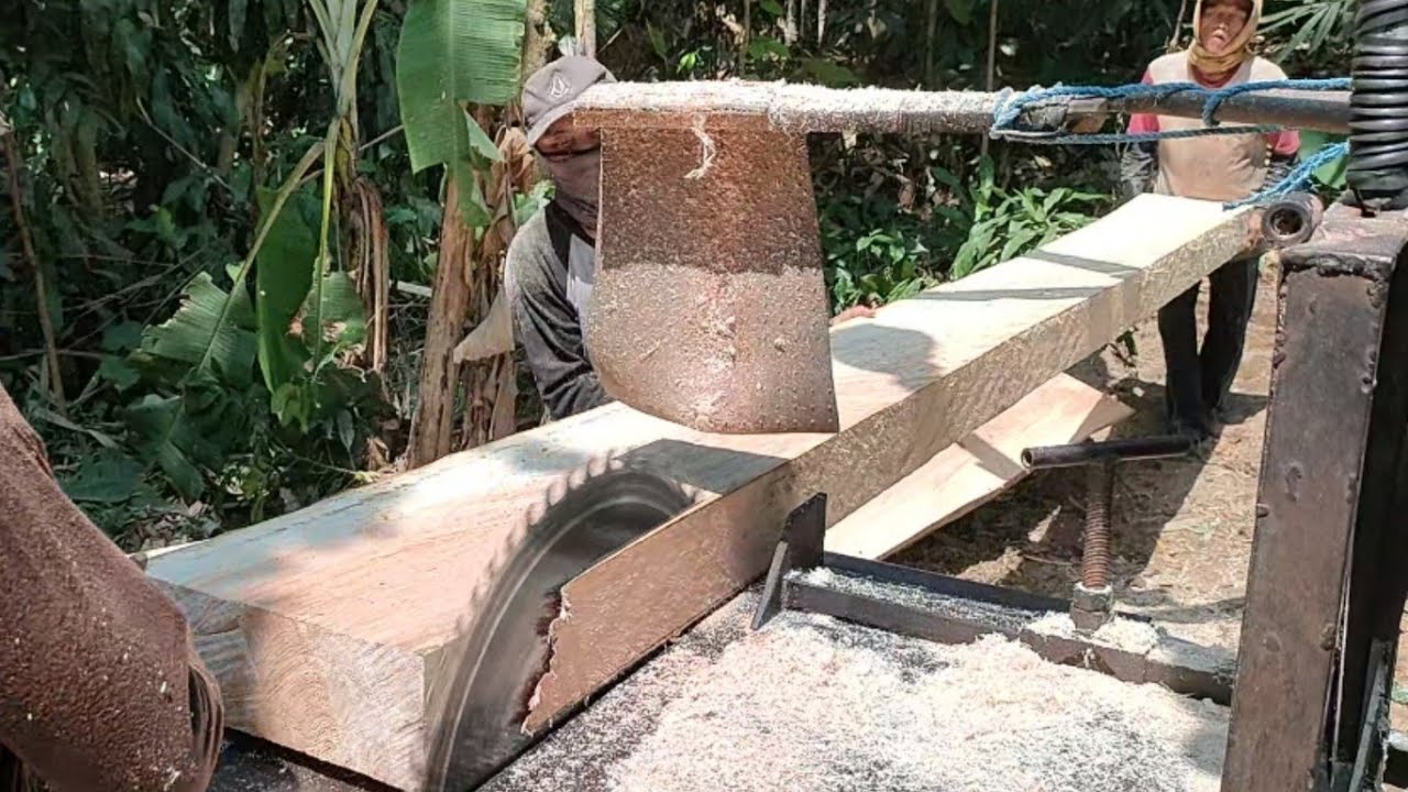 The process of cutting Albasia wood beams for house roofs - YouTube