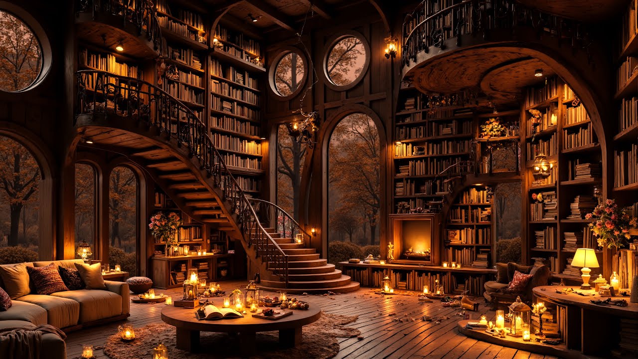 🍂 Autumn Rain Jazz in a Forest Candlelit Library 📚 Misty Ambience ...