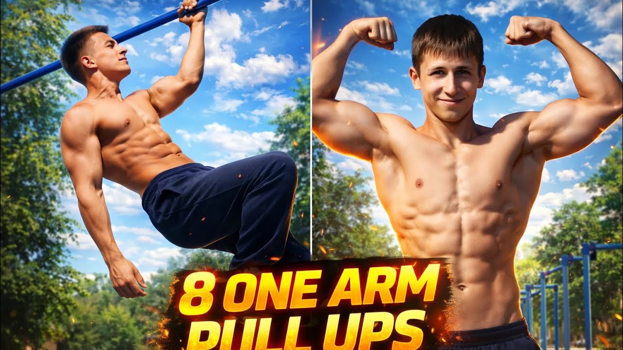 8 one arm pull ups. One arm explosive pull ups. 4 one arm dips ...