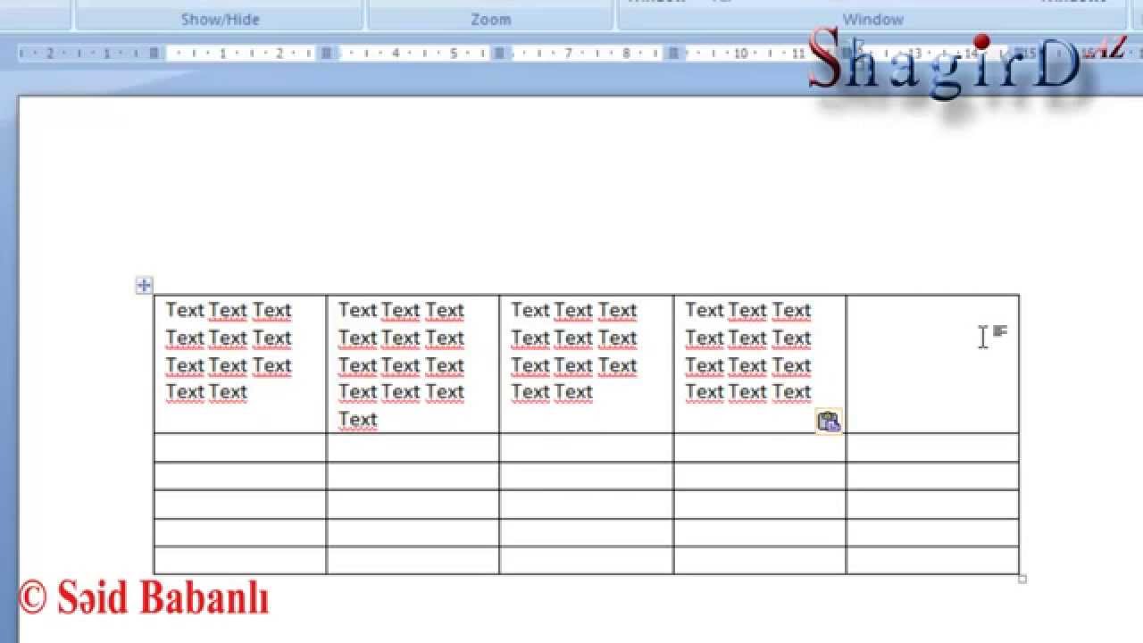 Word-də sütunlarının eni məlum olan və daim eyni qalan cədvəlin ...