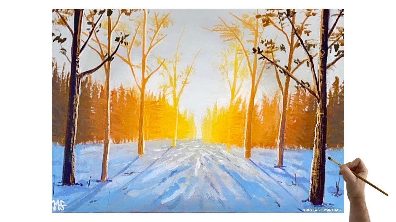 Winter Sunset Acrylic Painting Tutorial - Winter landscape painting for ...