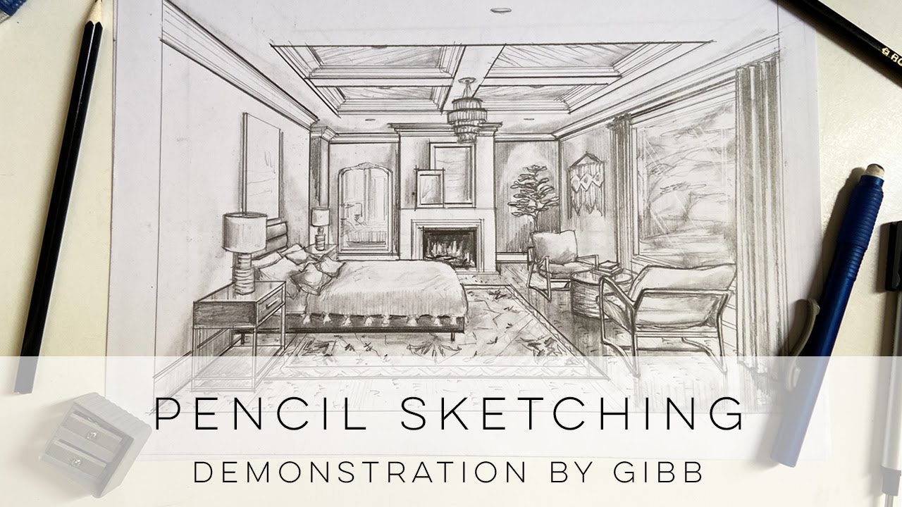 How to draw a 1 pt perspective bedroom with pencil shading - time ...