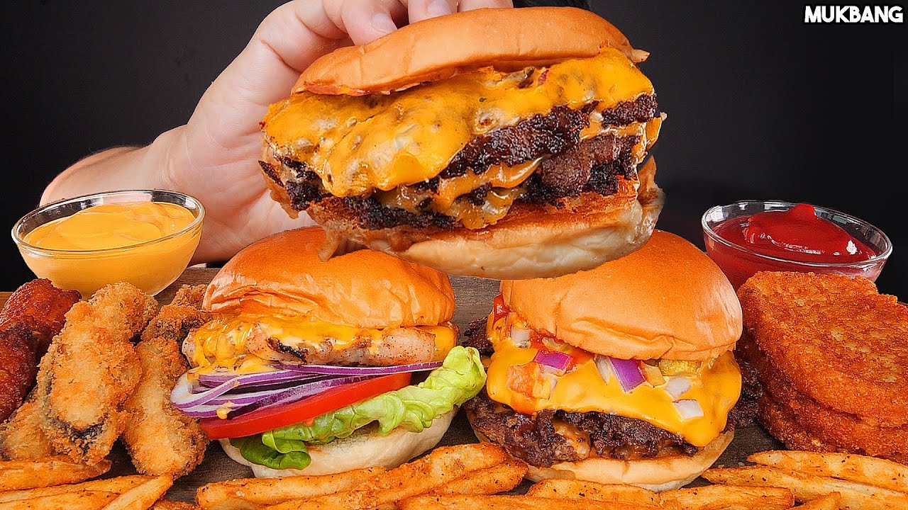 ASMR MUKBANG | BURGERS 🍔 HASH BROWNS & FRENCH FRIES 🍟 CHICKEN 🍗 EATING ...