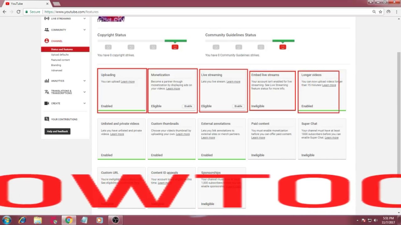 what is the status and features on YouTube channel - YouTube