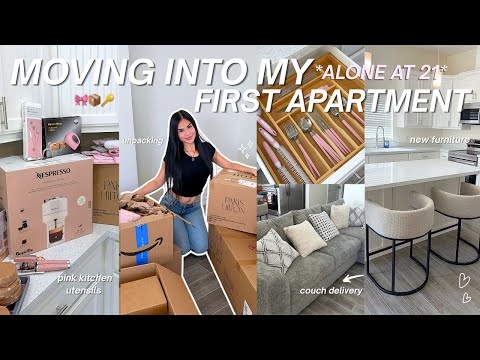 MOVING INTO MY FIRST APARTMENT ALONE AT 21 🎀🏡  unpacking, couch delivery & pink kitchen organization