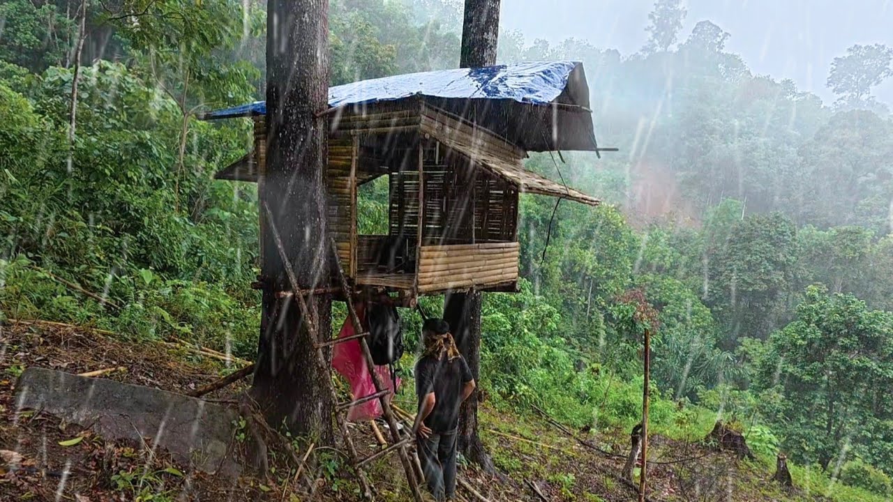 Building a house during storms and heavy rain in one's own garden - YouTube