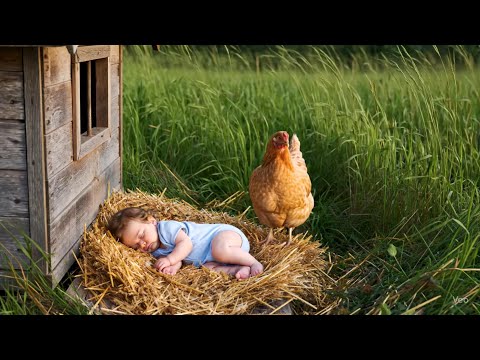 Baby Dara tosses grain with tiny hands, laughing as the golden chicken clucks softly and pecks