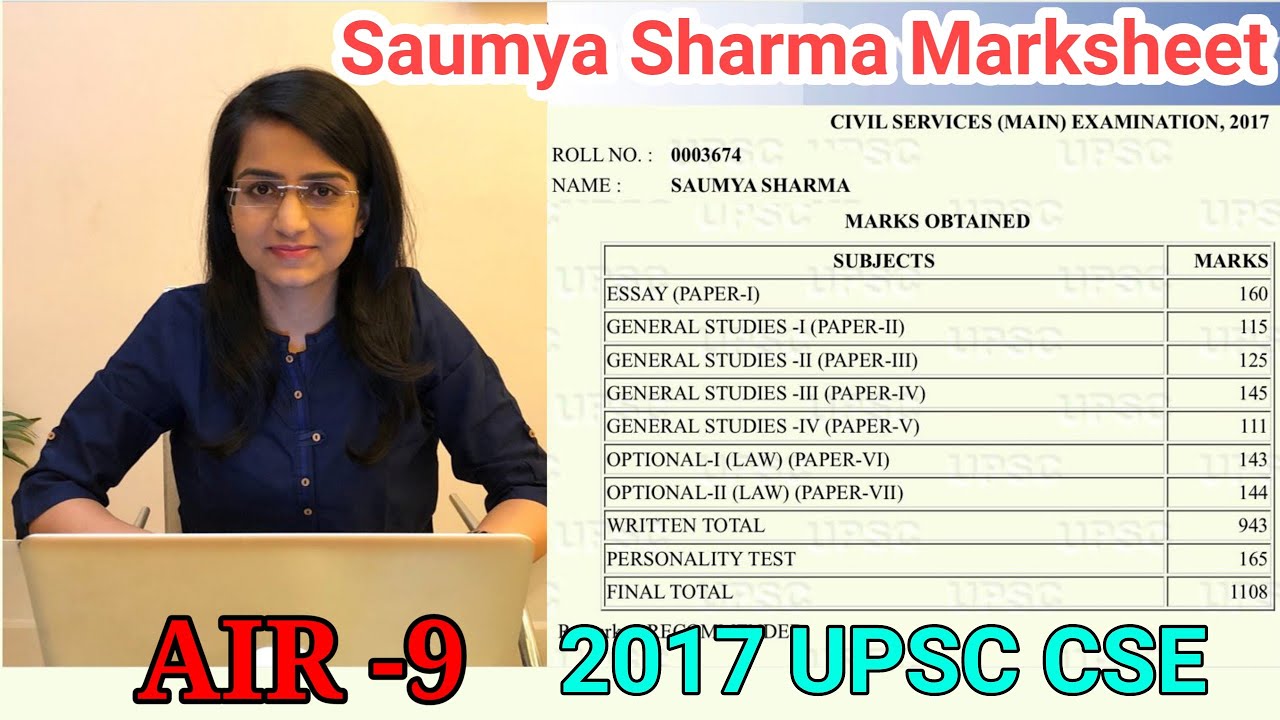 Saumya Sharma Marksheet | AIR 9 SAUMYA SHARMA | 2017 Upsc Topper ...