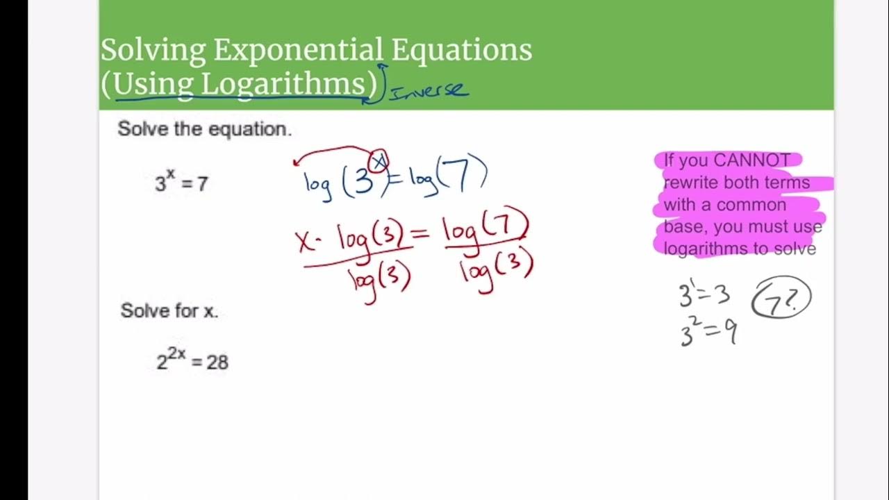 Solve Exponential Equations using Logarithms (No Common Base) - YouTube
