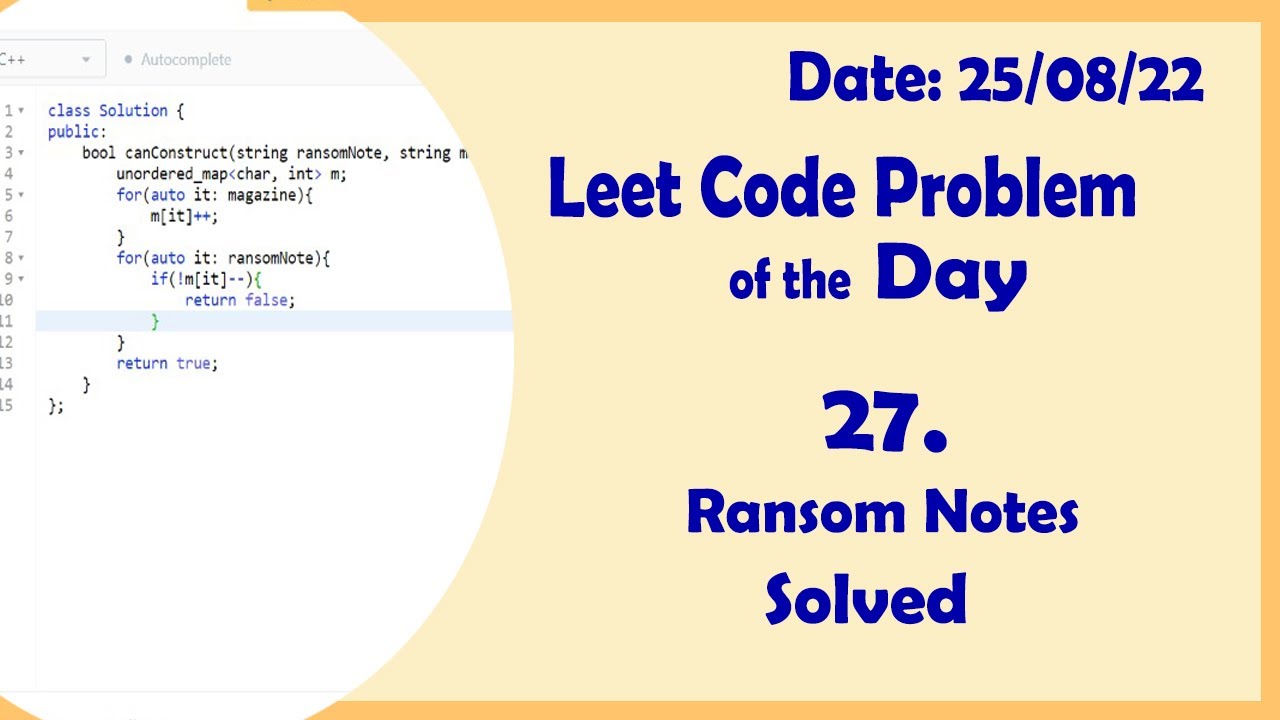 Ransom Note Leetcode Daily Challenge Youtube 1849