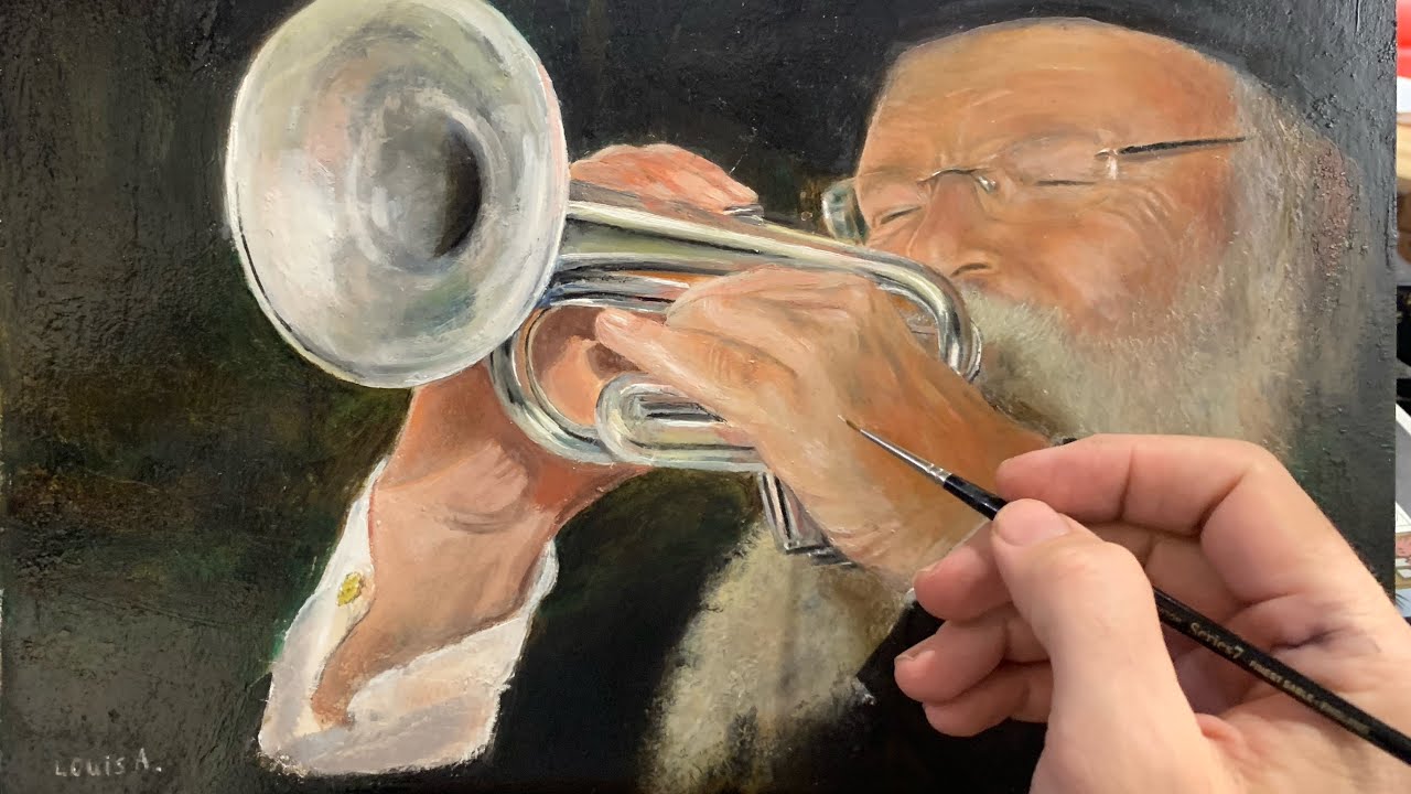 The trumpet player and his music- oil painting - YouTube