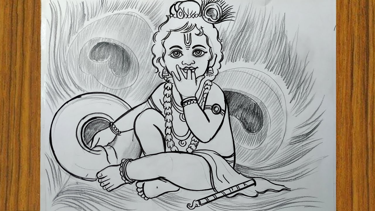 very easy line art bal krishna for dol yatra, krishna thakur drawing ...