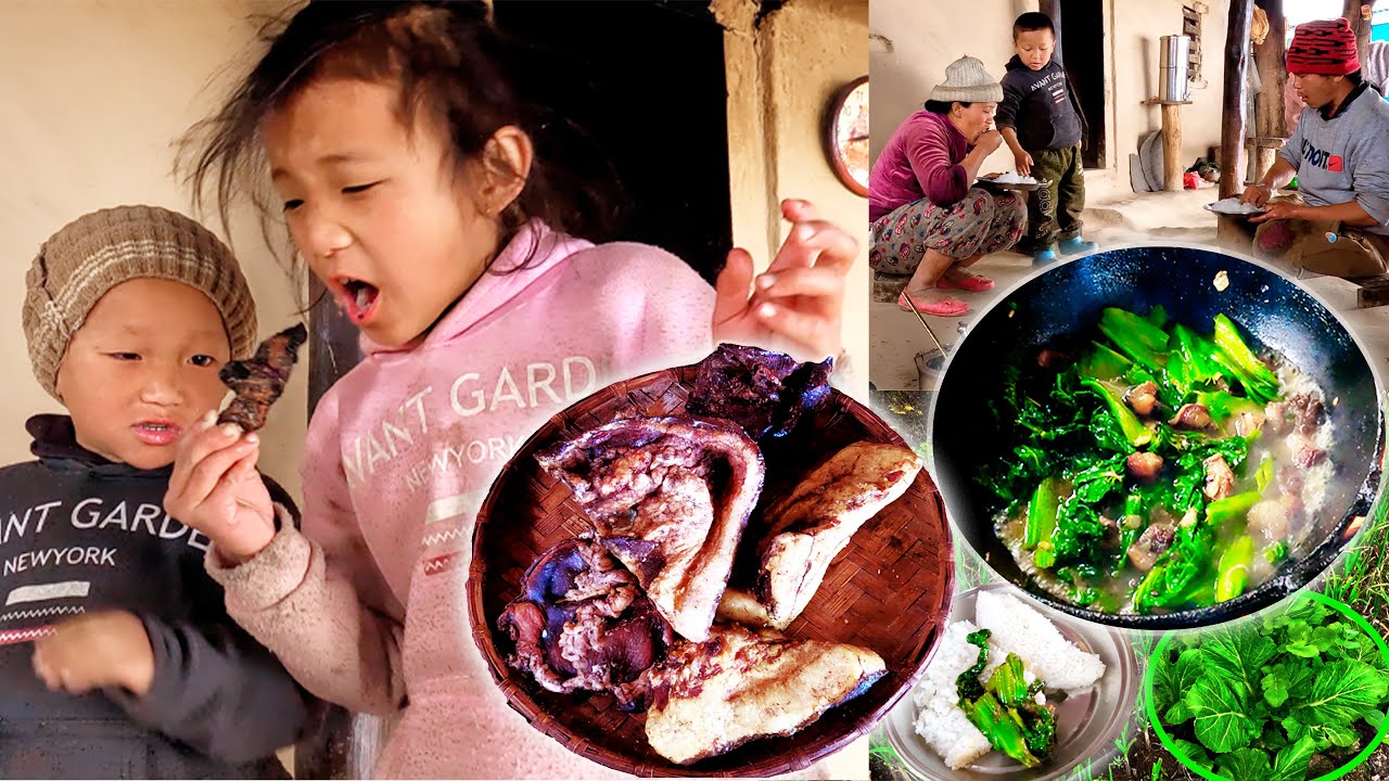 Dry pork & Mustard Greens in our lunch with children - YouTube