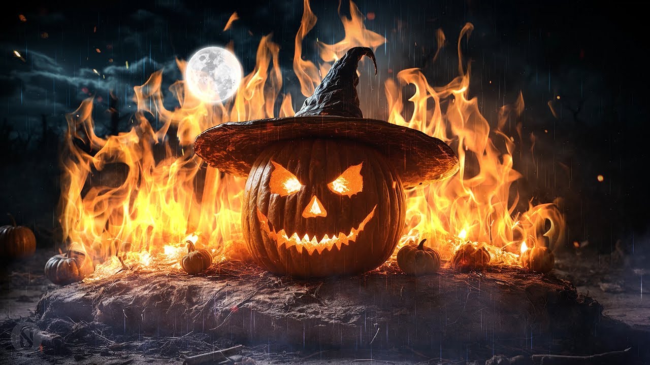 The Witching Hour Halloween Pumpkin, with Fire and Rain / 4K / Ambient ...