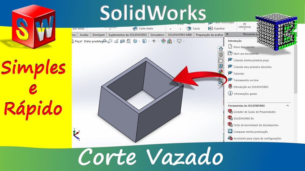 Como fazer corte vazado no Solidworks em superfície plana com o corte extrudado - YouTube