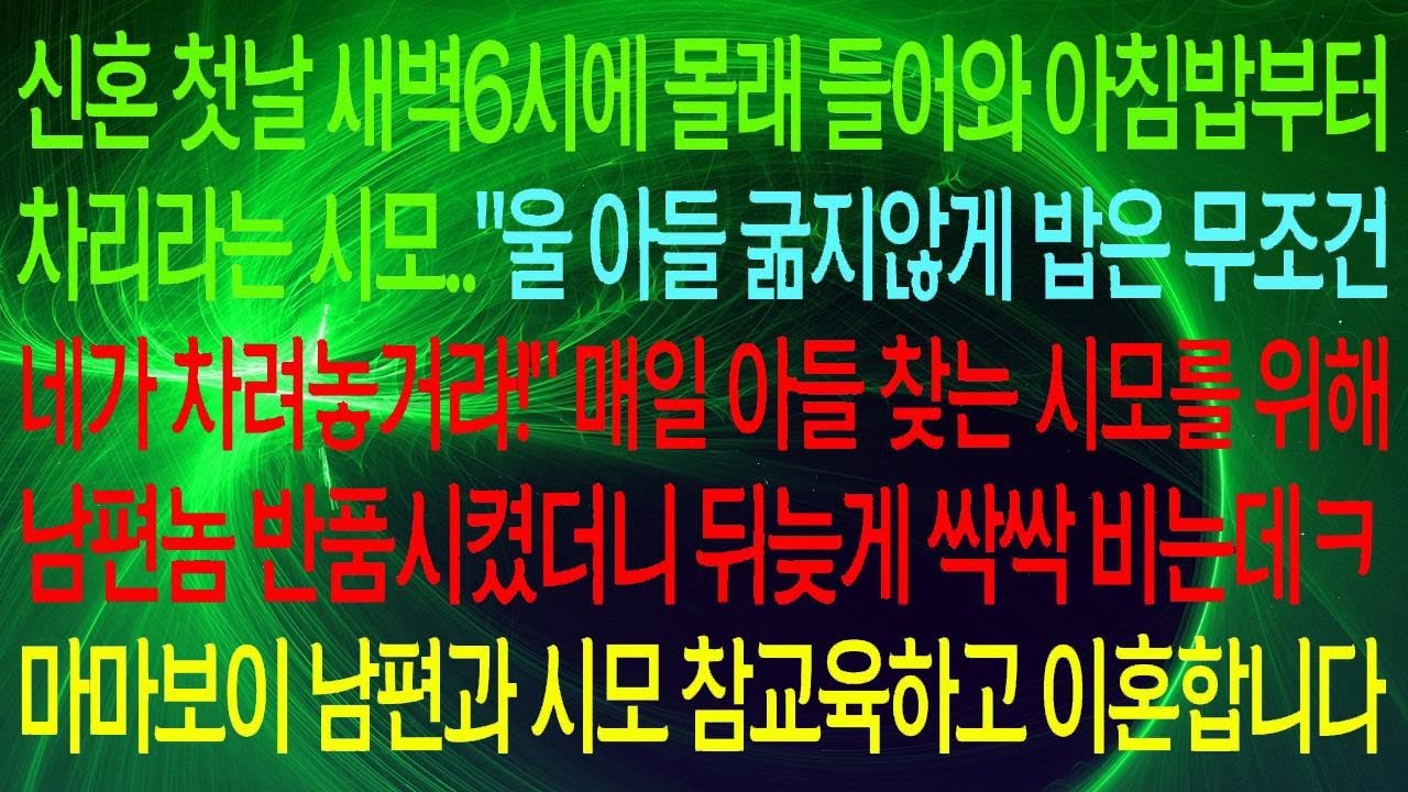 【사연열차①】신혼첫날 새벽6시에 몰래 들어와 아침밥 차리는 시모매일 아들 보러 오는 시모를 위해 남편 반품시켰더니 게거품 제대로 무는데ㅋㅋ두모자 참교육하고 이혼합니다
