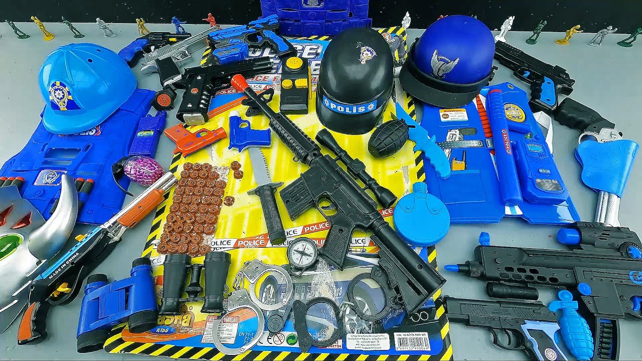 Blue Police Toy Guns - Shiled /handcuff / MP5 / M16 & Equipments - YouTube