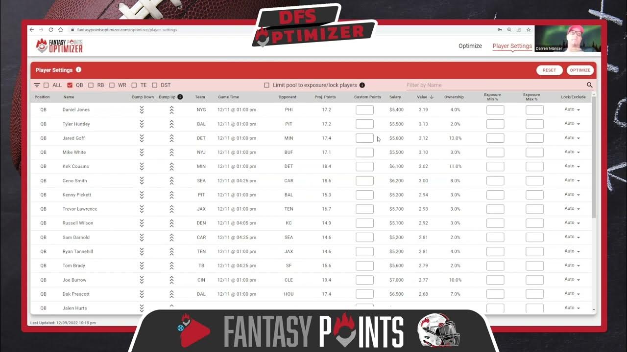 NFL Daily Fantasy Optimizer | Week 14 Lineup Look - YouTube