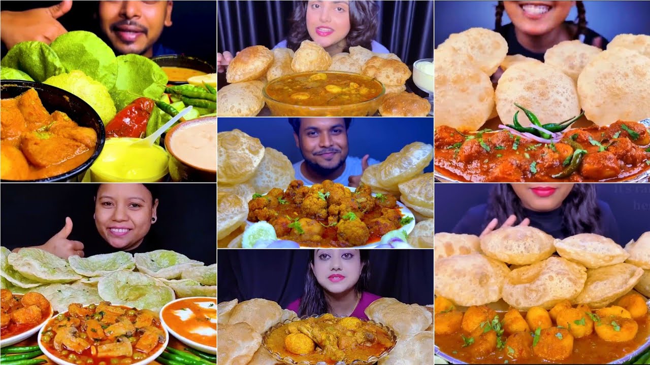 Asmr Eating 🔥 Aloo Dam Aloo Fulkopi Rasa with Soft Puri And Peas 🫛 Puri ...