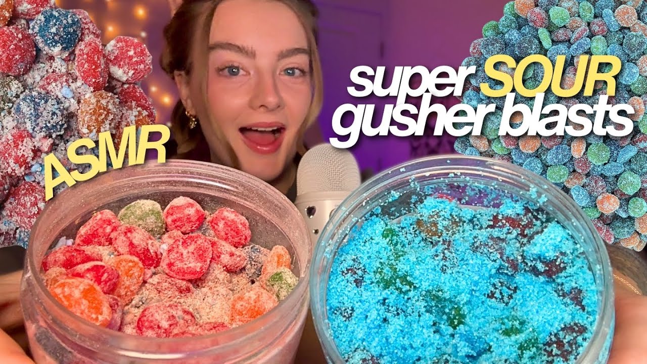 ASMR trying the VIRAL super SOUR GUSHERS candy 🍋‍🟩👅 eating & mouth ...