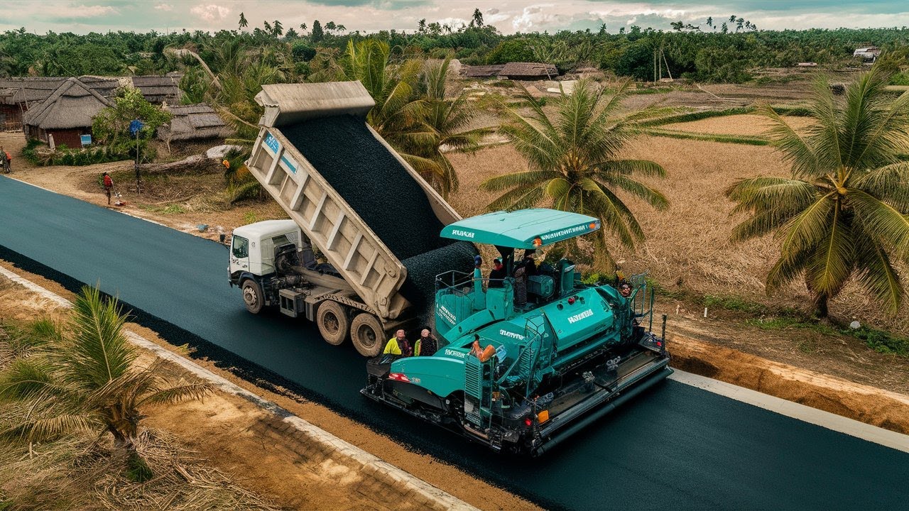 The asphalt paver machine in activity smooth paving technology on the ...