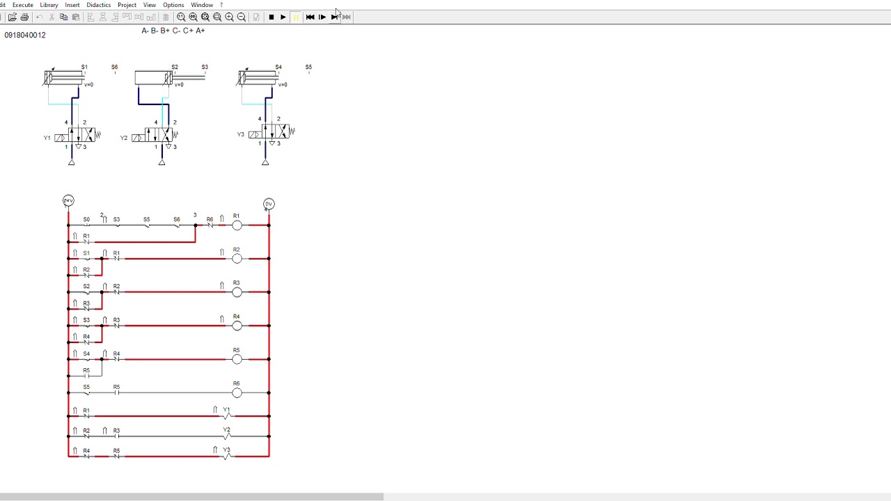 FluidSIM Simulation with PLC | 3 PISTON SINGLE SOLENOID(A- B- B+ C- C+ ...