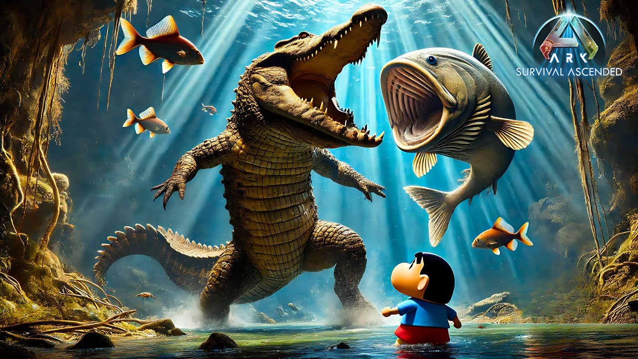 DINOSAUR croc vs THE BLOOP like creature in ARK ASCENDED with SHINCHAN ...