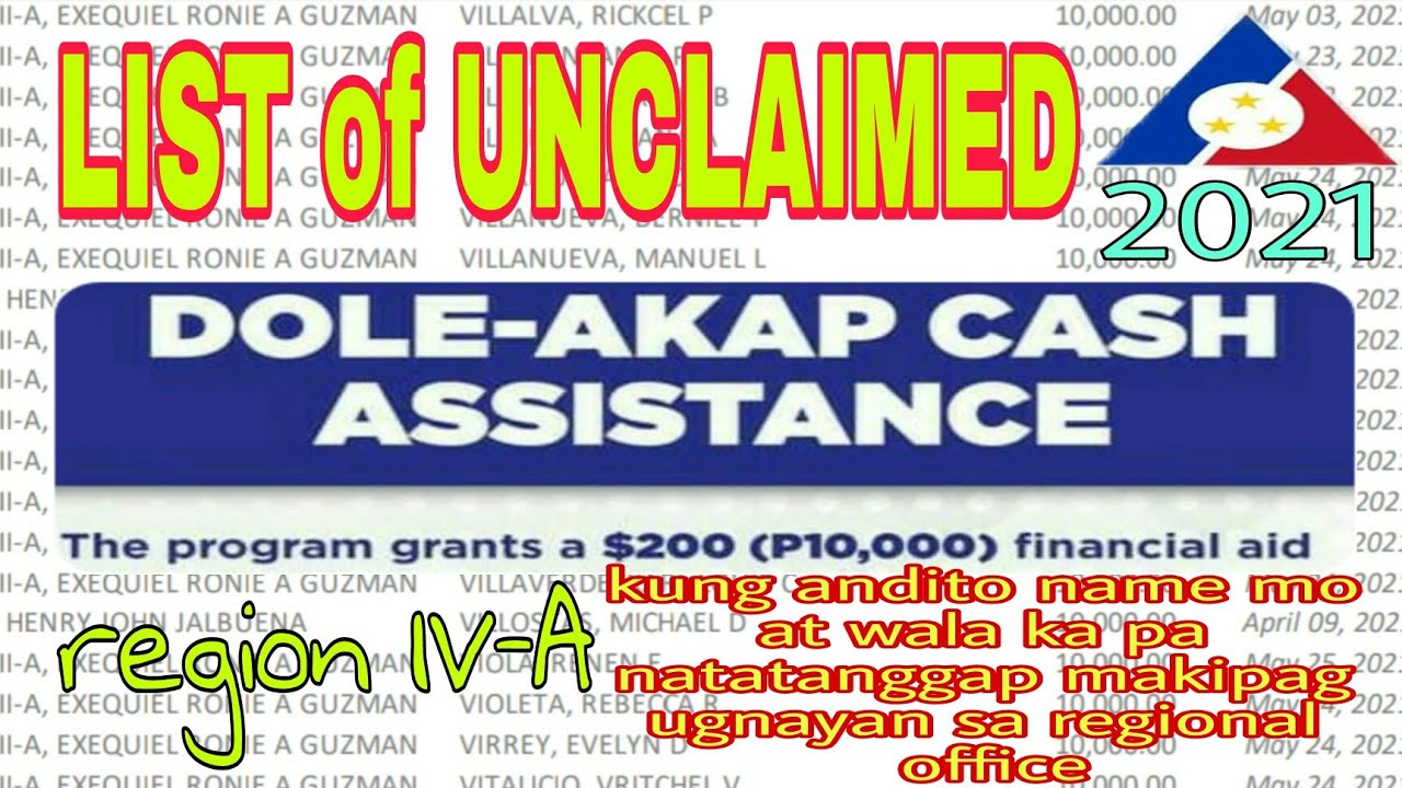 LISTAHAN ng UNCLAIMED DOLE-AKAP na 10,000 / region IV-A - YouTube