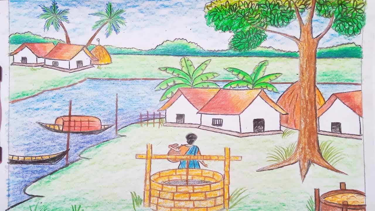 How to draw village scenery With River side (Short Time) ।। How to draw ...