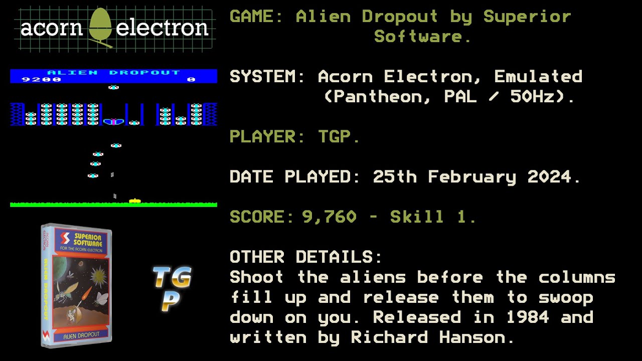 Alien Dropout - Superior Software - Acorn Electron - Emulated, Pantheon - 9,760 points. - YouTube