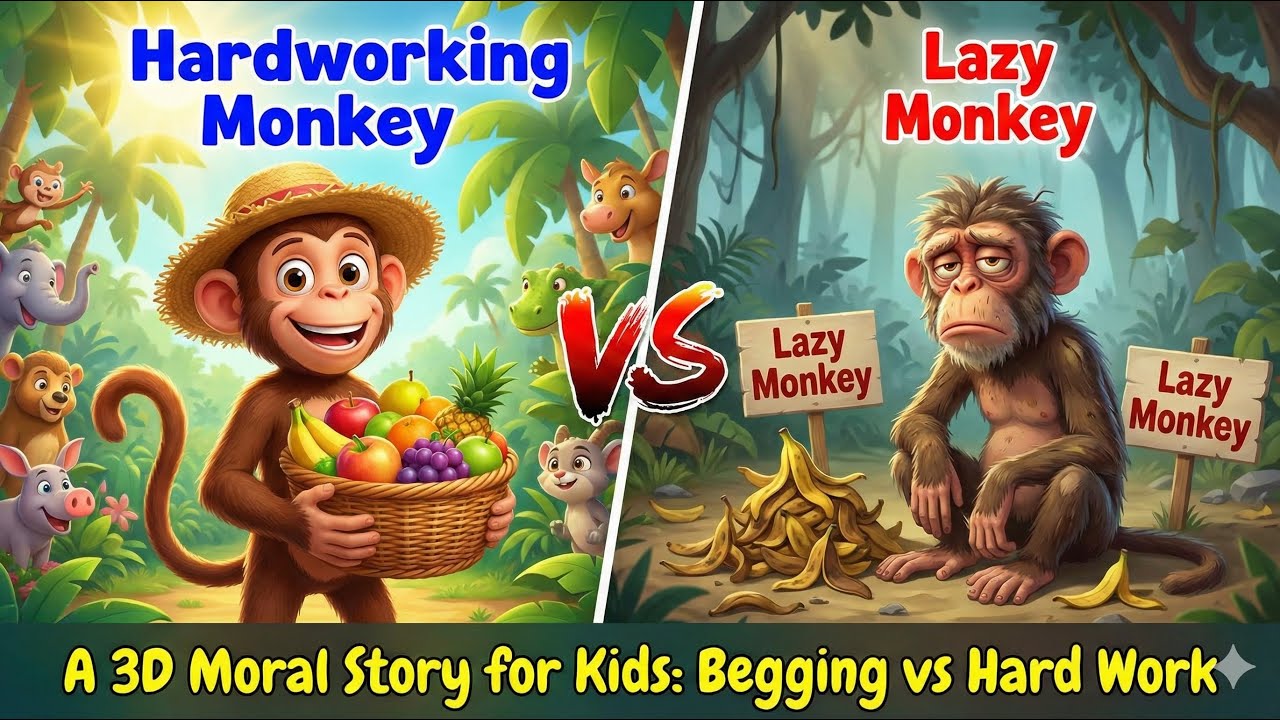 Hardworking Monkey vs Lazy Monkey 🐒 | Moral Story for Kids | Hindi Urdu ...